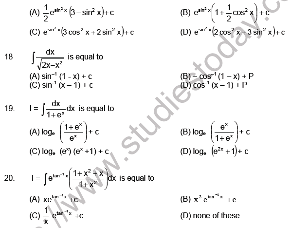 JEE Mathematics Indefinite Integrals MCQs Set A with Answers